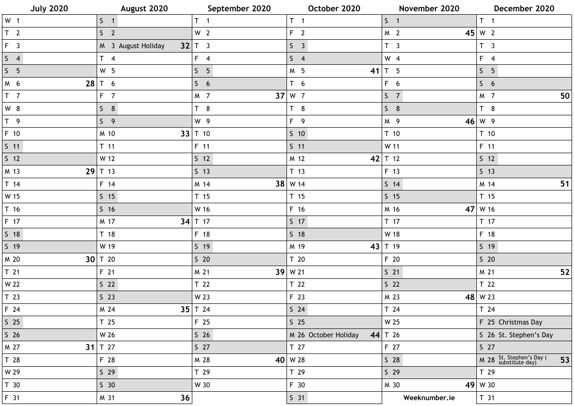 2020 calendar, 2nd half